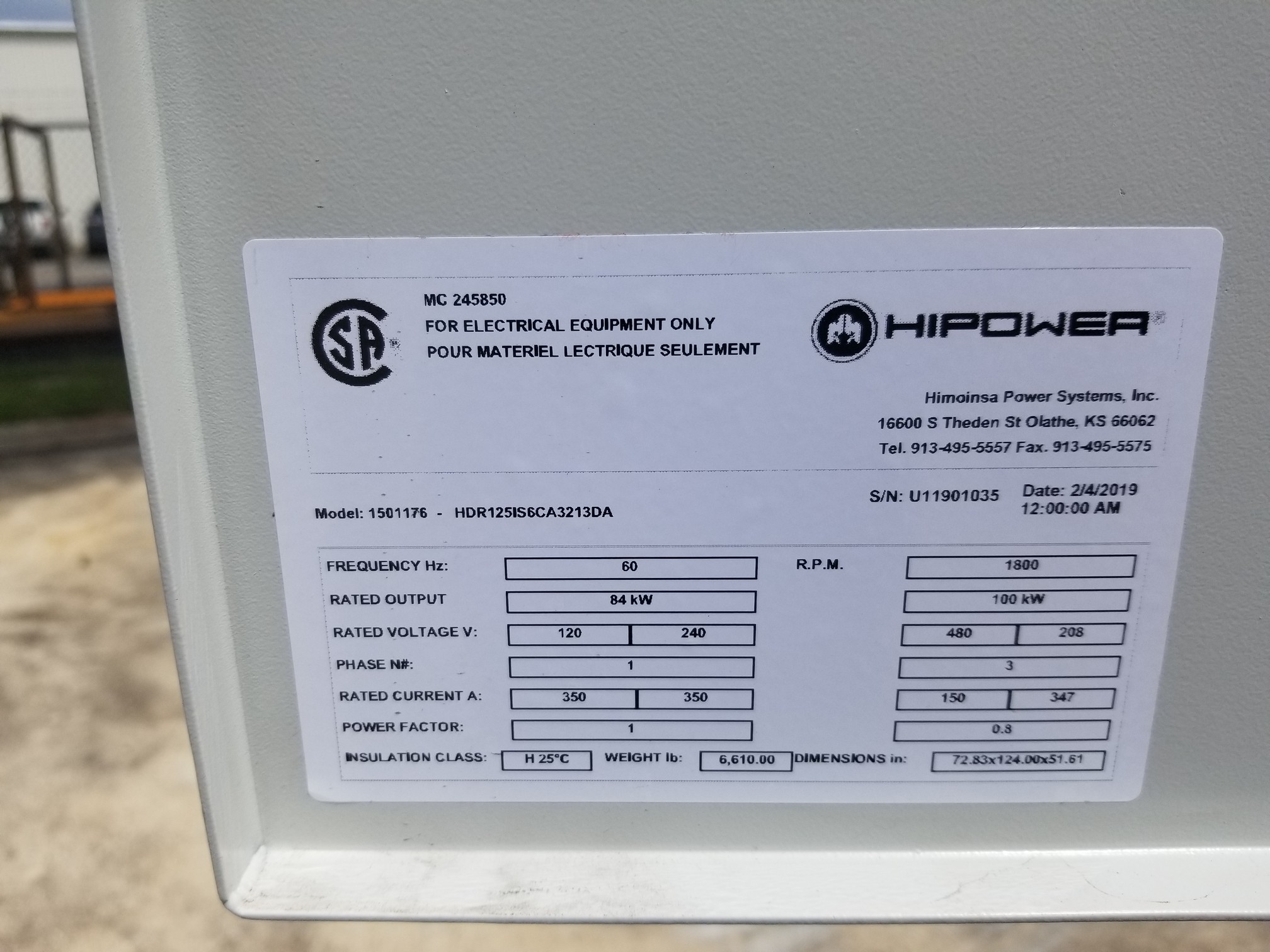 New HIPOWER HRIW 125 Generator Set - React Power